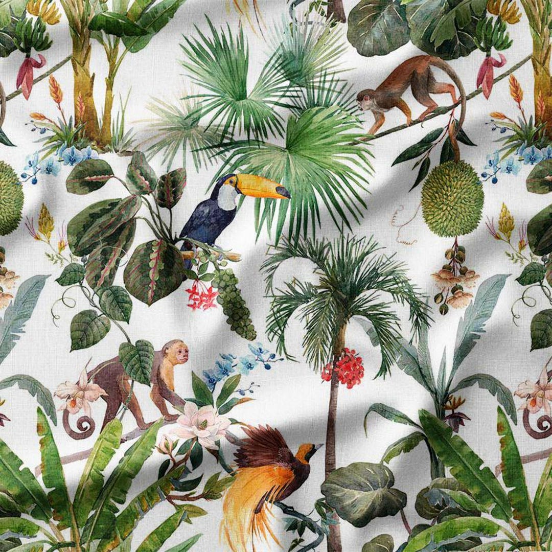 Tropical Jungle Cotton Fabric by the Yard Exotic Birds, Monkeys, and ...