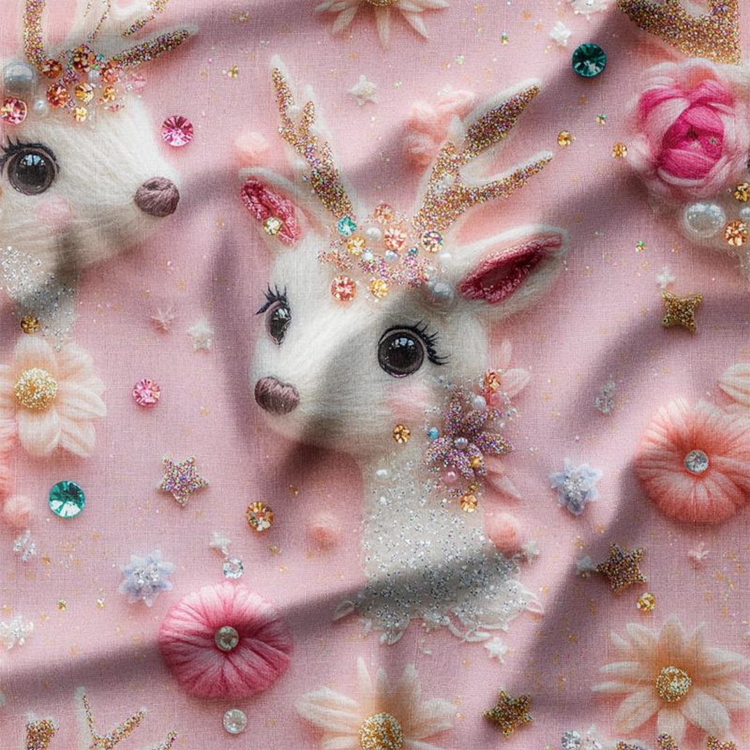 3D Reindeer With Flowers and Gems on Pink Cotton Fabric by the Yard ...
