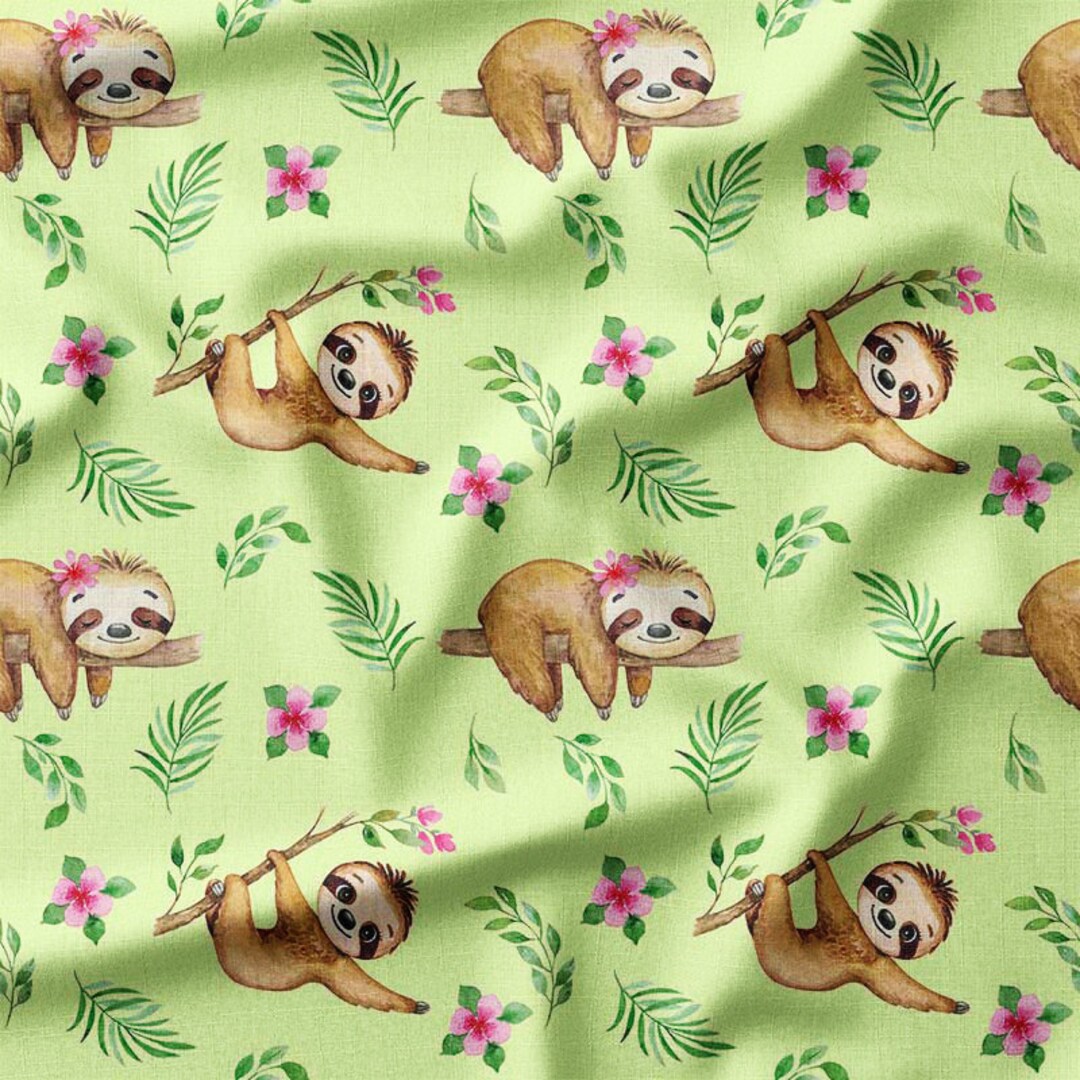 Cotton Fabric by the Yard - Adorable Sloths With Flowers and Leaves on ...