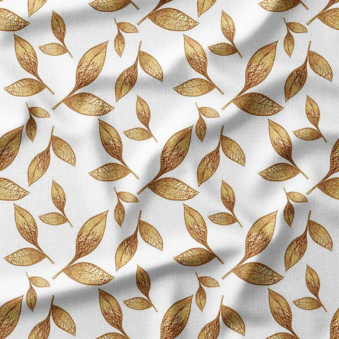 Gold Metallic Leaves on White Cotton Fabric by the Yard - Elegant Leaf ...