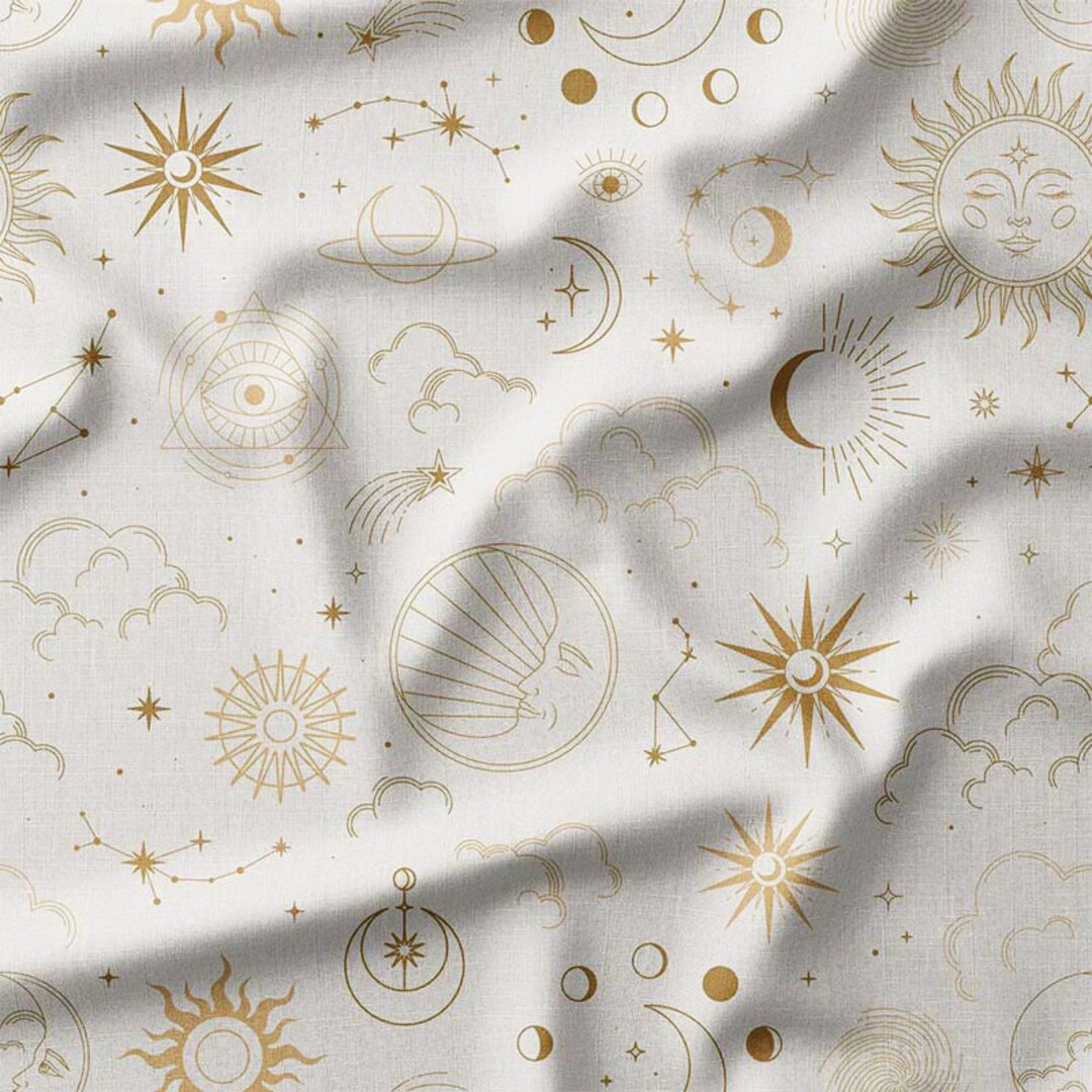 Gold Celestial Sun, Moon, and Stars on Cream Cotton Fabric by the Yard ...
