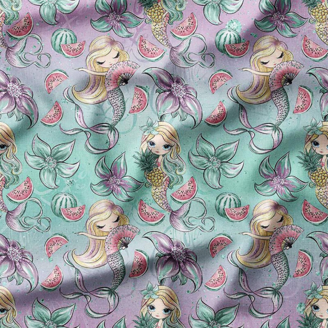 Mermaids With Watermelons and Flowers on Pastel Gradient Cotton Fabric ...