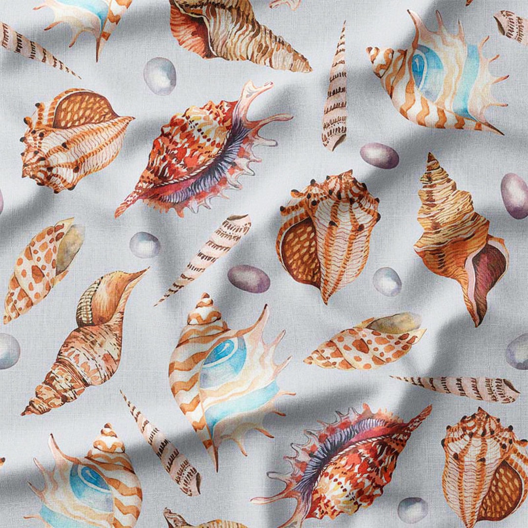 Fabric by the Yard Realistic Conch Shells and Pebbles on White ...