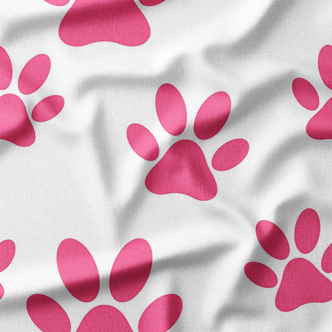 Pink Paw Prints on White Cotton Fabric by the Yard - Fun and Playful ...