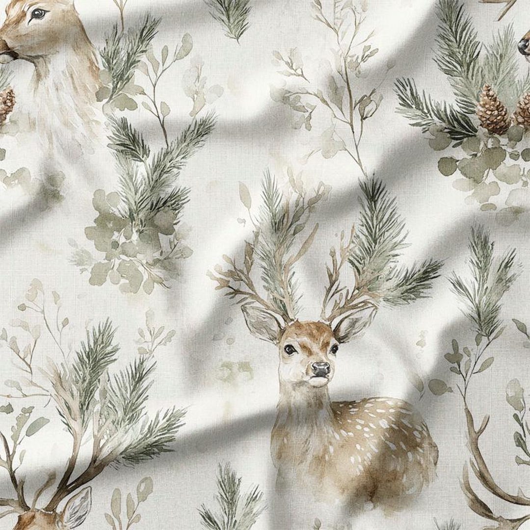 Elegant Deer With Pine Branches and Pinecones on Cream Cotton Fabric by ...