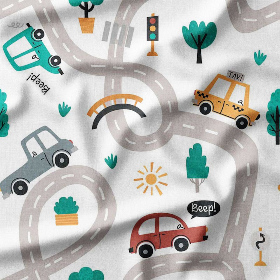 Car Road Map Cotton Fabric by the Yard Fun Vehicles and Roads Design ...