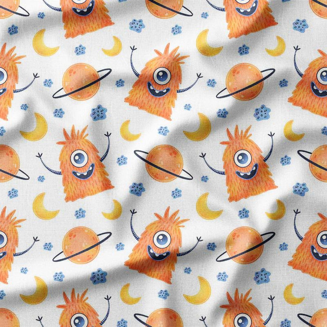 Furry Alien Cotton Fabric by the Yard – Fun Orange Aliens With Planets ...