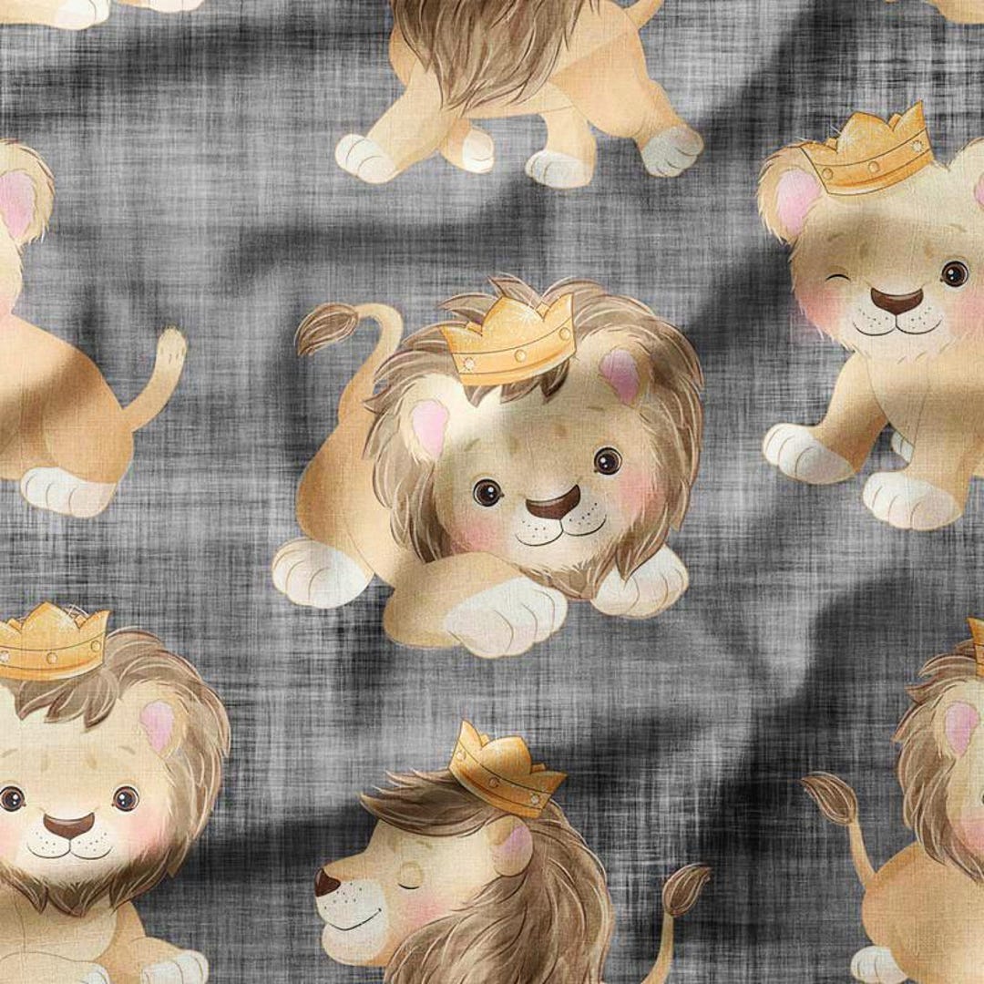 Cute Cartoon Lions With Crowns on Gray Plaid Cotton Fabric by the Yard ...