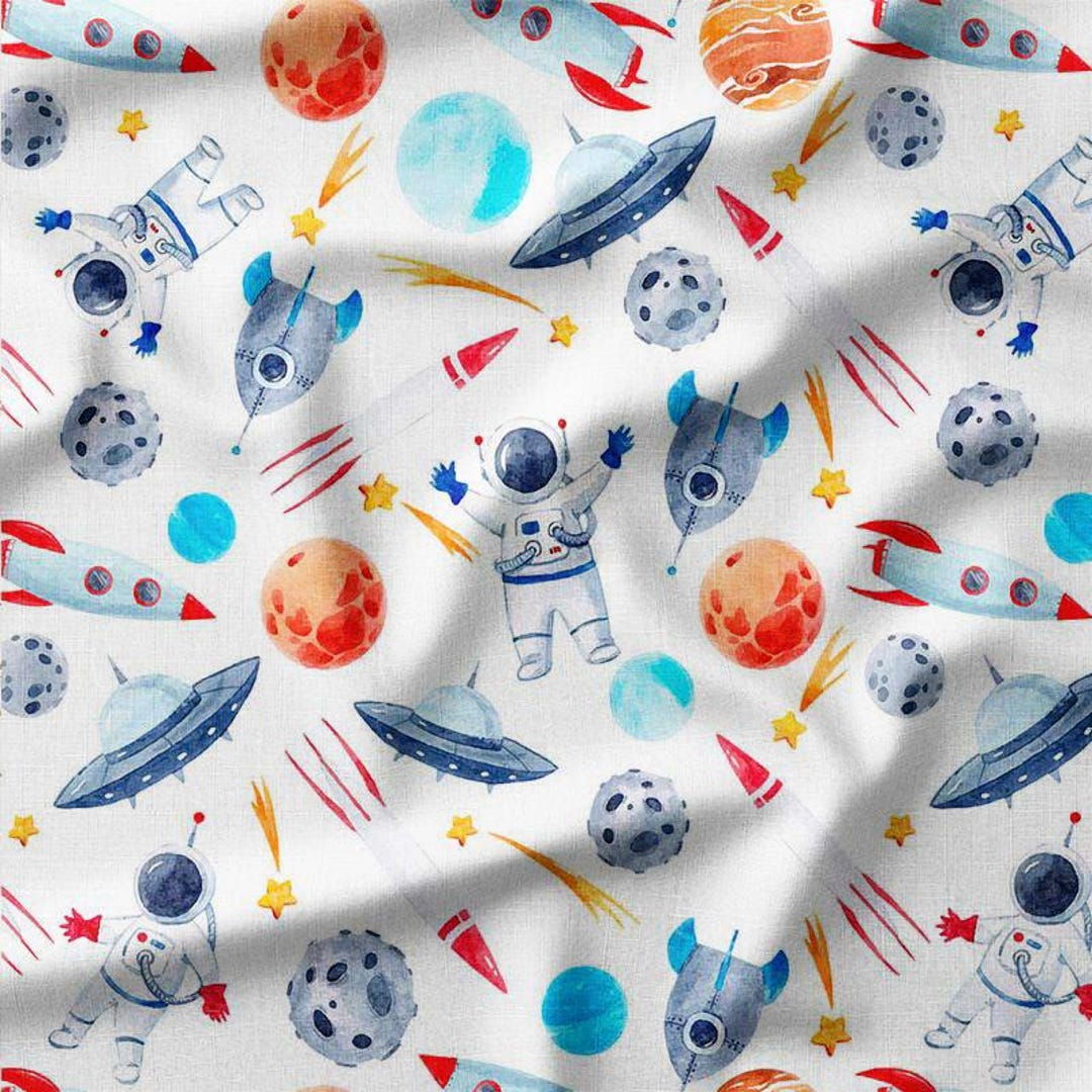 Space Adventure Cotton Fabric by the Yard Astronaut and Rocket Print ...