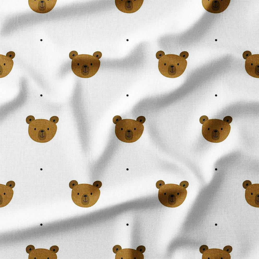 Cotton Fabric by the Yard – Cute Bear Face Pattern on White, Available ...