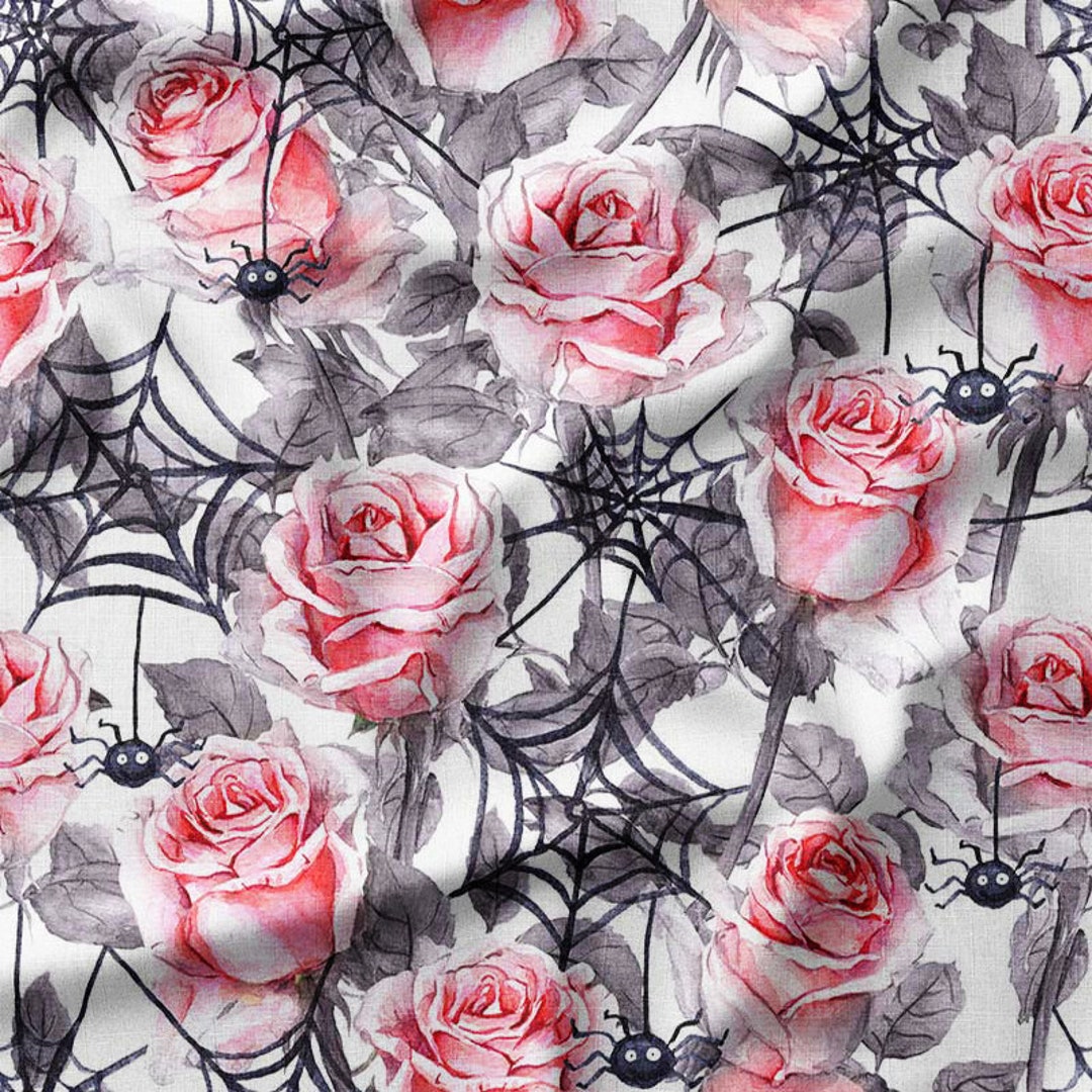 Pink Roses and Spider Webs Cotton Fabric by the Yard - Gothic Floral ...