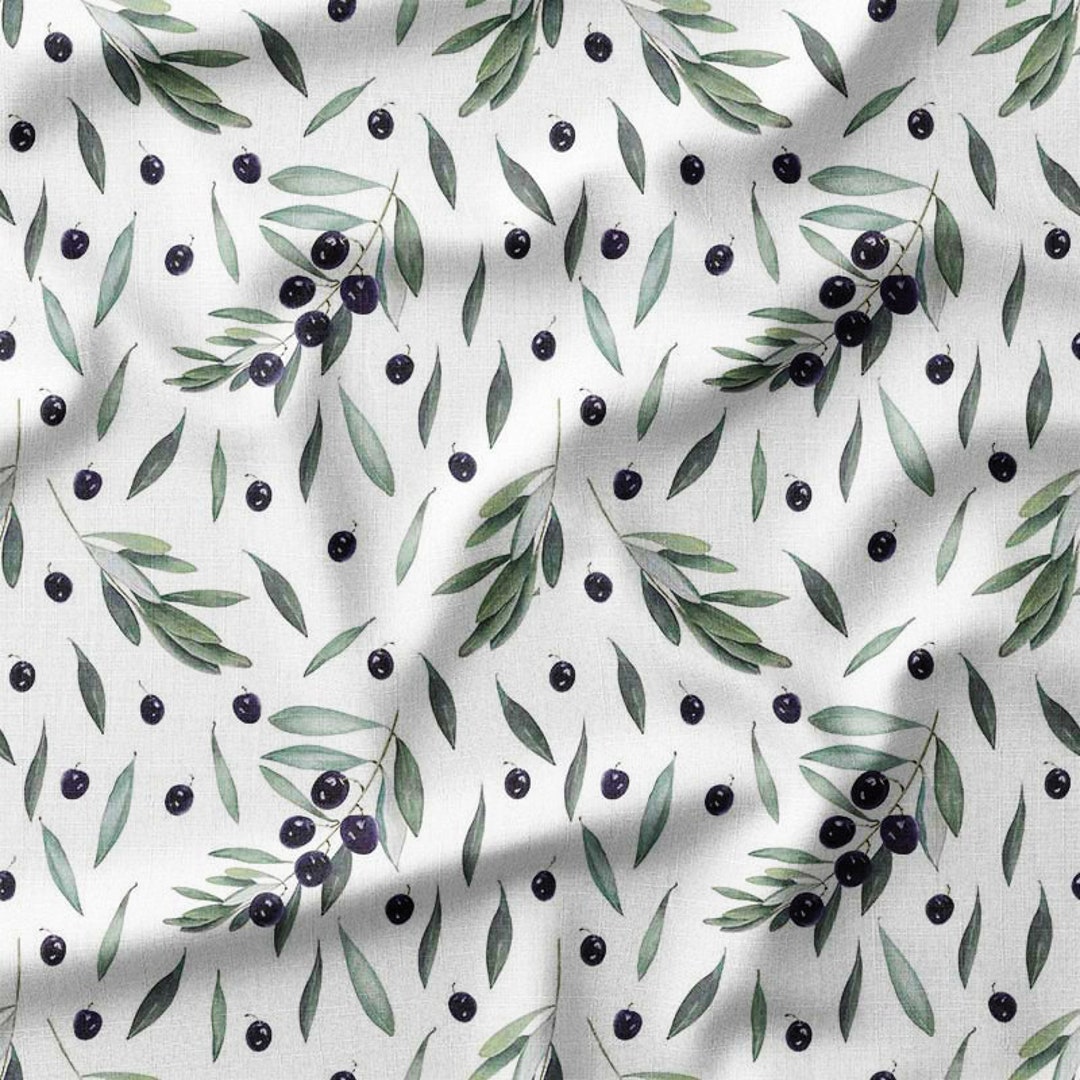 Olive Branch Cotton Fabric by the Yard Botanical Green and Black Olive ...
