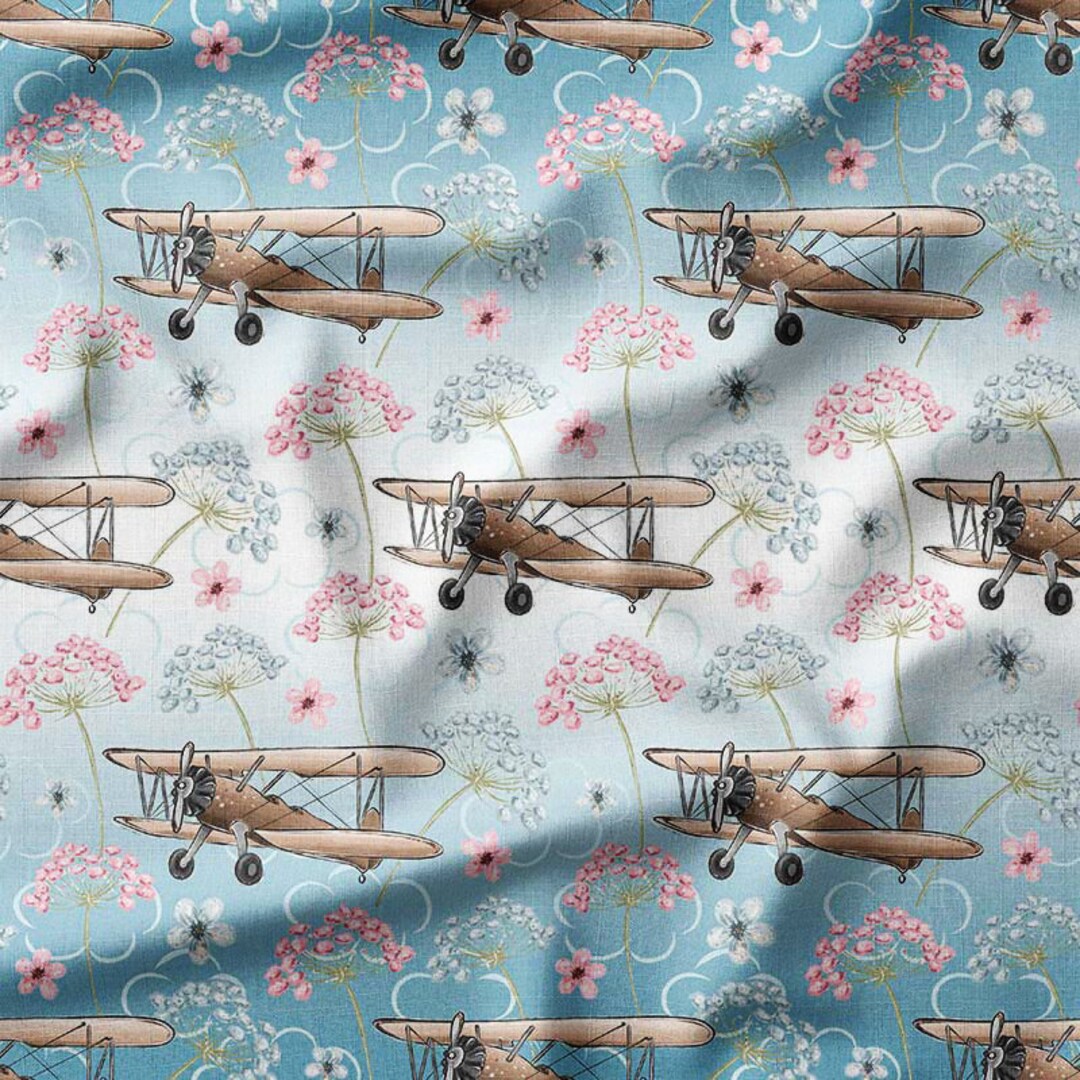Vintage Airplane & Floral Fabric by the Yard Choose Cotton, Linen ...