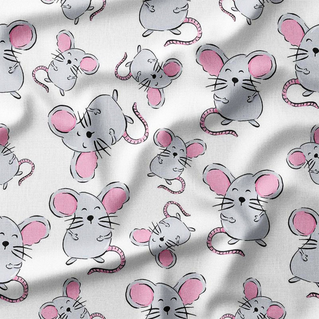 Cartoon Mice Cotton Fabric by the Yard Adorable Grey Mice With Pink ...