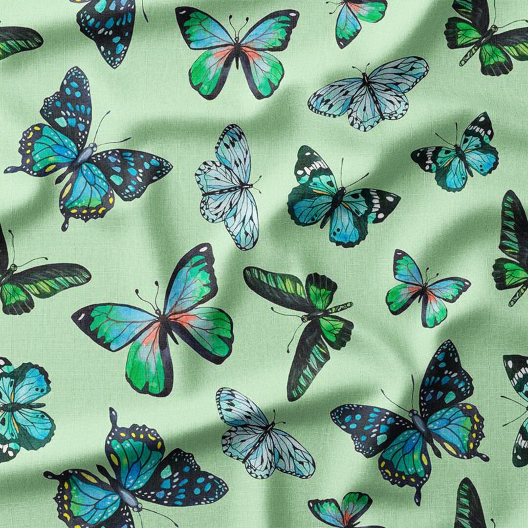 Butterfly Cotton Fabric by the Yard Vibrant Blue and Green Butterfly ...