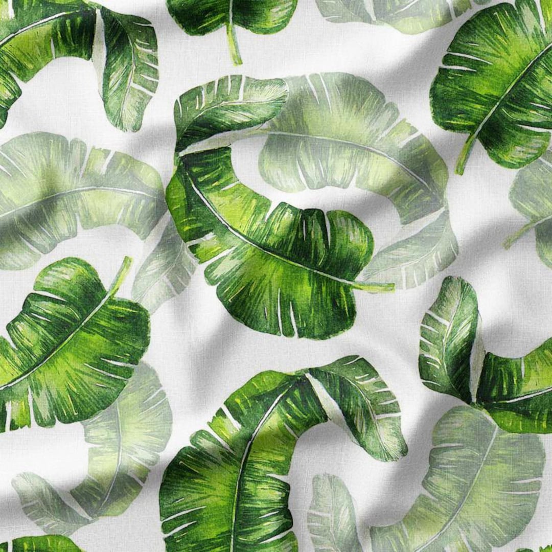 Cotton Fabric by the Yard – Green Banana Leaves on White – Tropical ...