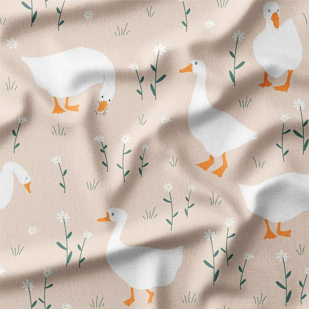Cotton Fabric by the Yard - White Ducks and Daisies on Beige Background ...