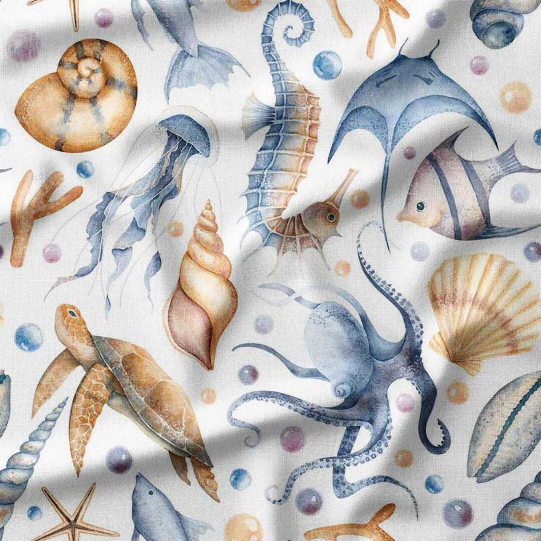 Underwater Sea Creatures and Shells Watercolor Cotton Fabric by the ...