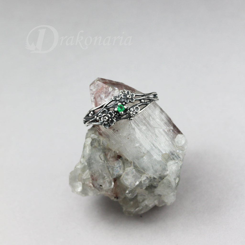 Twig Ring - Silver and Emerald Green Zirconia, Tiny Flowers, Silver ...