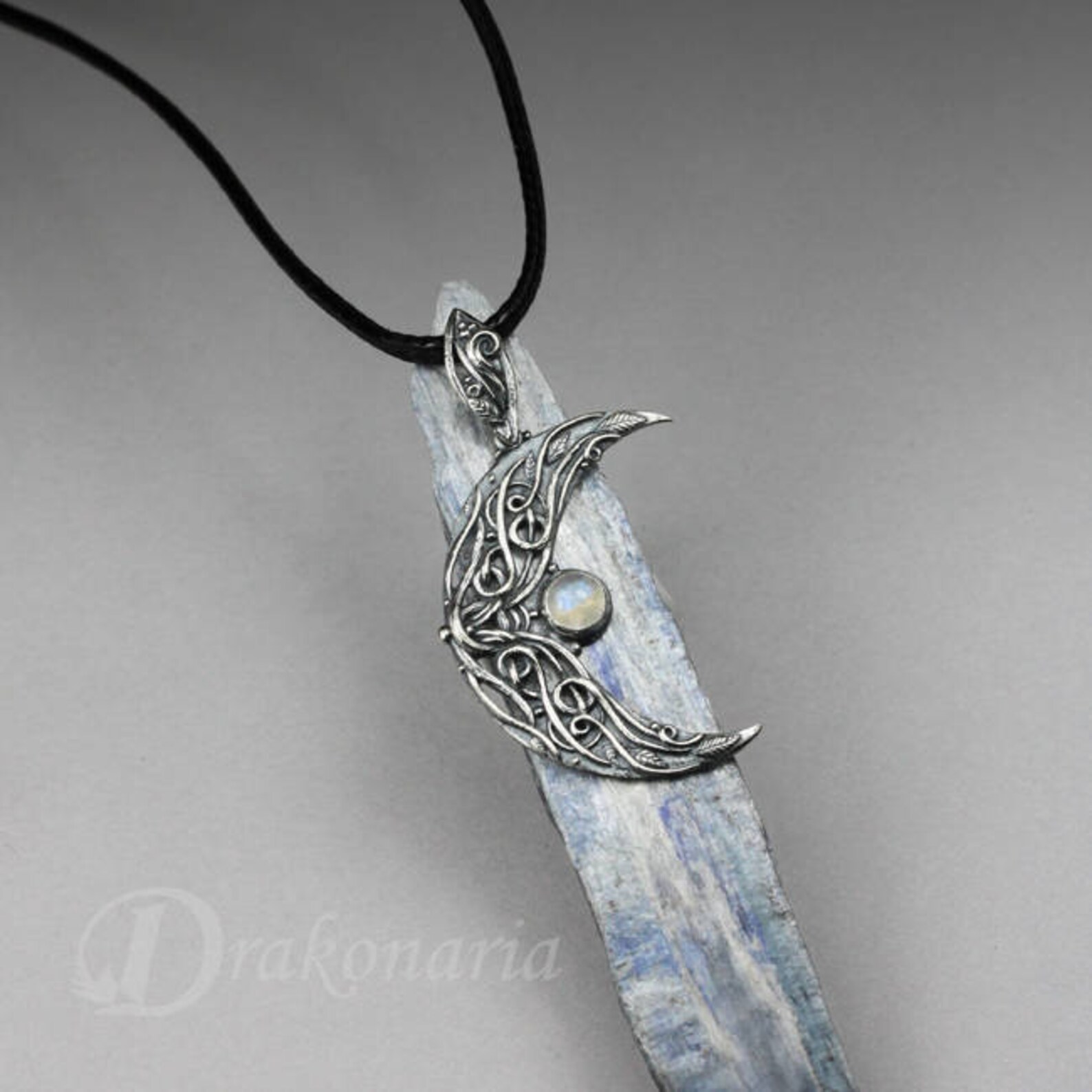 Ithil - Silver Moon Pendant With a Moonstone, Miniature Leaves ...