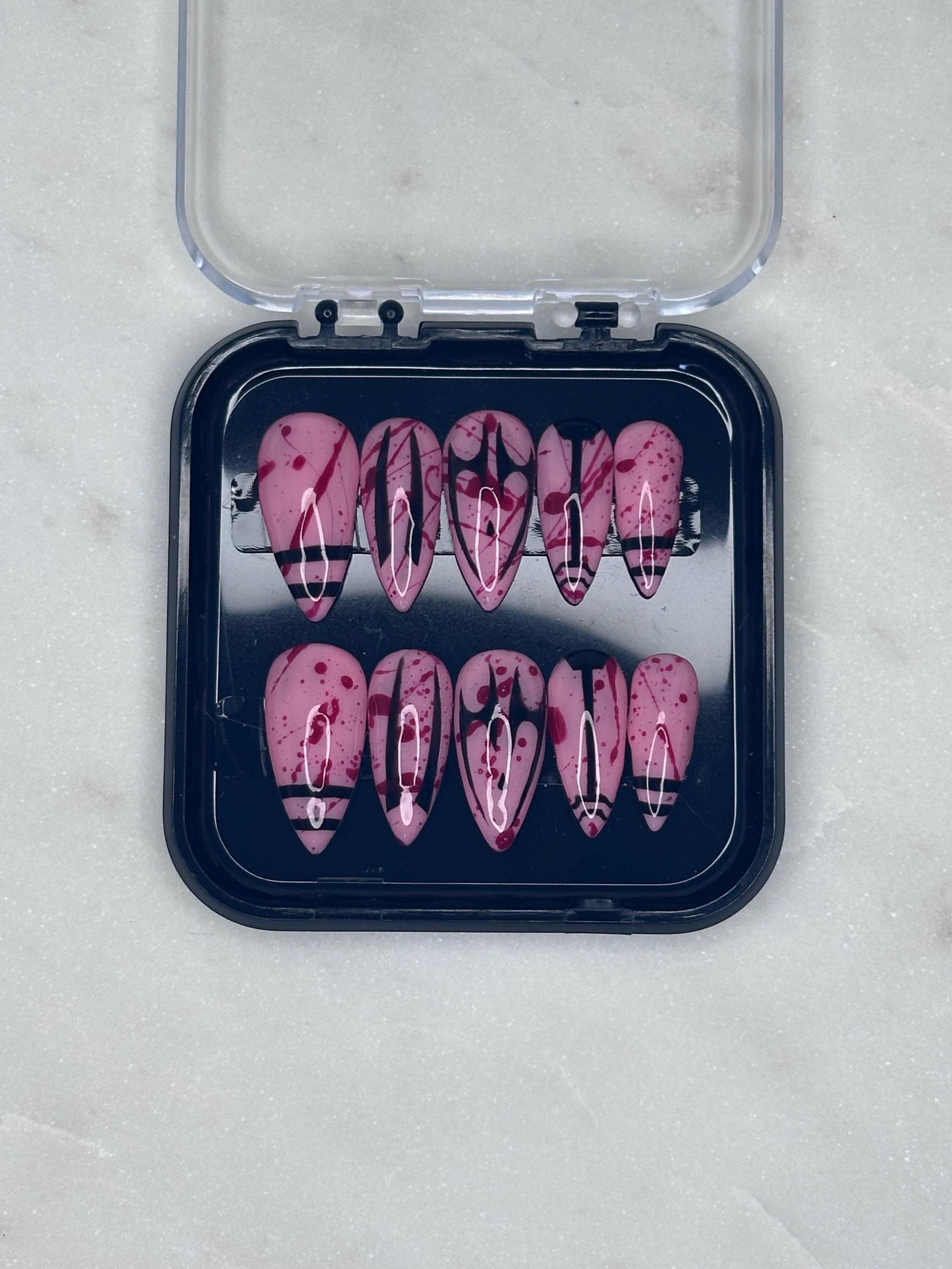 Anime-inspired Press on Nails | Curse Tattoo Design | Blood Splatter ...