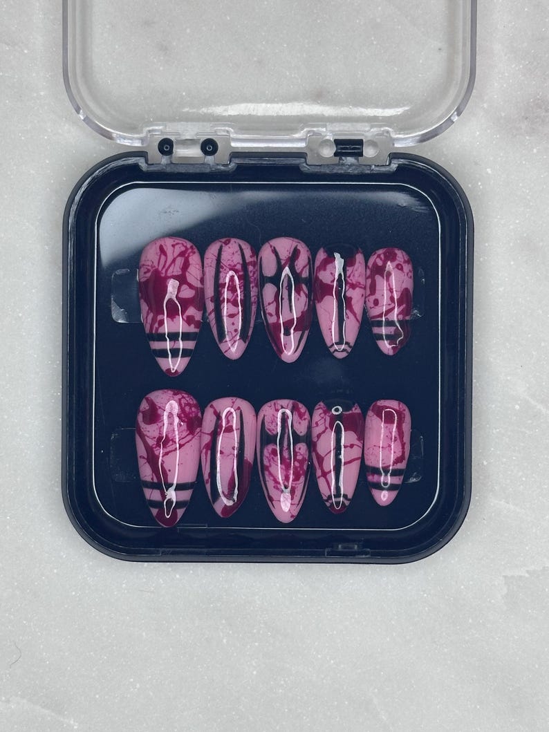 Anime-inspired Press on Nails | Curse Tattoo Design | Blood Splatter ...