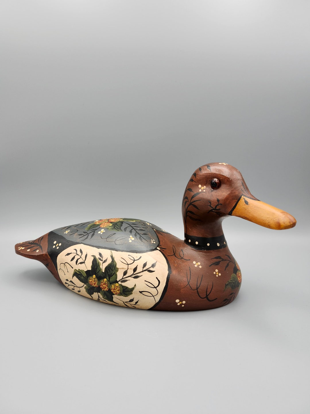 Vintage Hand Painted Wood Duck Decoy Glass Eyes Signed Folk Art Decor ...