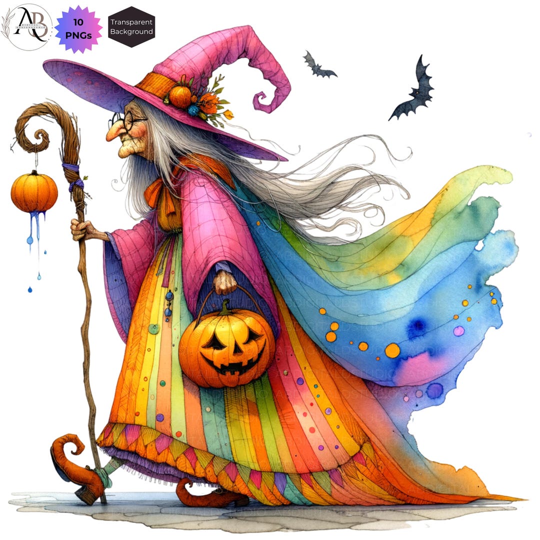 Whimsical Halloween Witch Clipart: PNG Witch, Pumpkin, Crow (digital ...