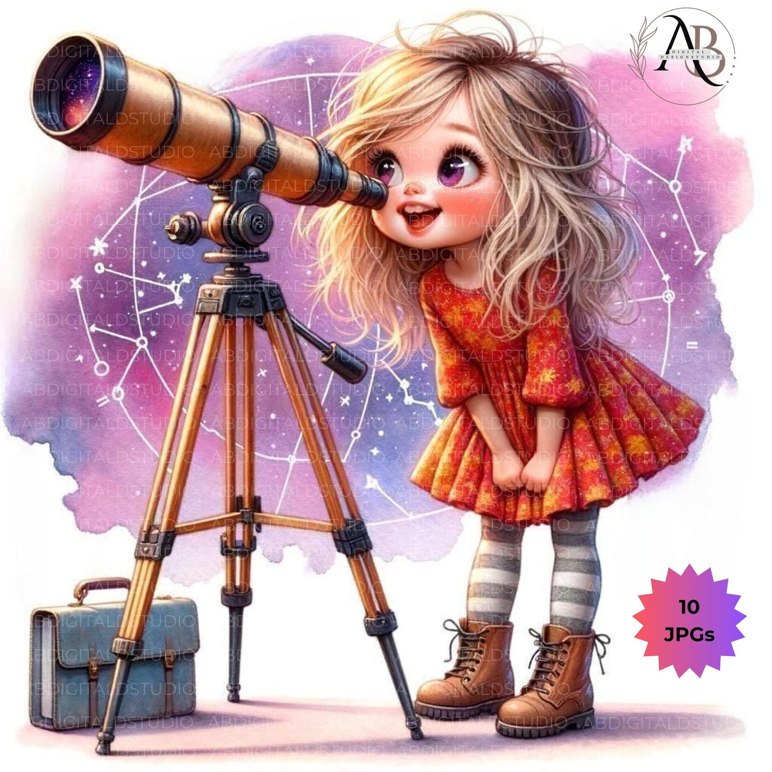 Stargazer Celestial Astronomy Mystical Clipart Whimsical Girl Star ...