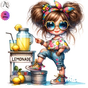 Lemonade Girl Clipart: Whimsical Watercolor Art - Printable JPG Bundle ...
