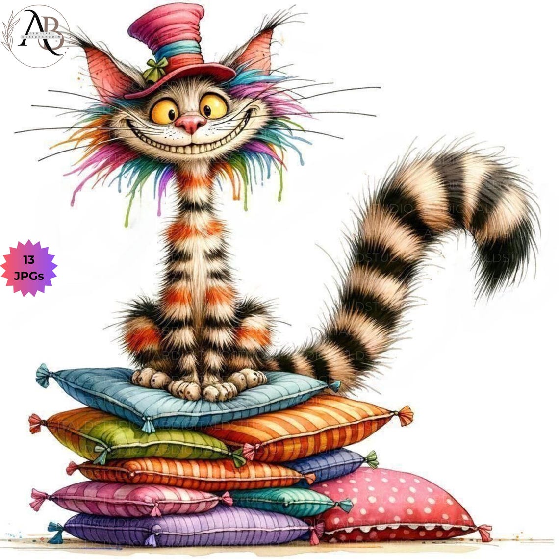 Whimsical Watercolor Cats Clipart: Funny Cartoon Cat Kitten, 13JPG ...