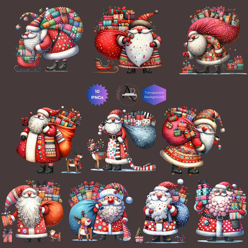 Santa Clause PNG Bundle Clipart: Whimsical Christmas PNG Art (10 Pngs ...