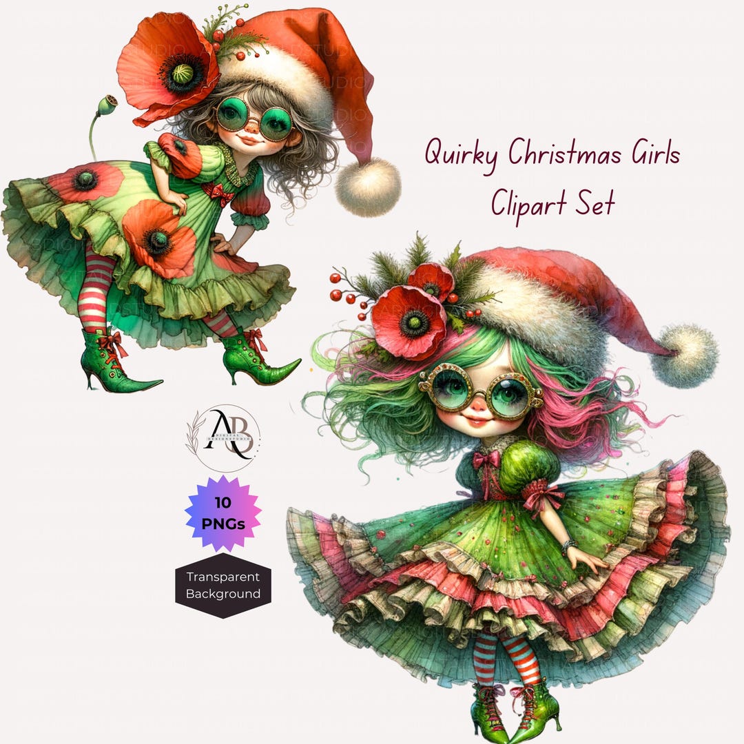 Quirky Christmas Girl Clip Art: 10 Pngs for Cardmaking, Scrapbooking ...
