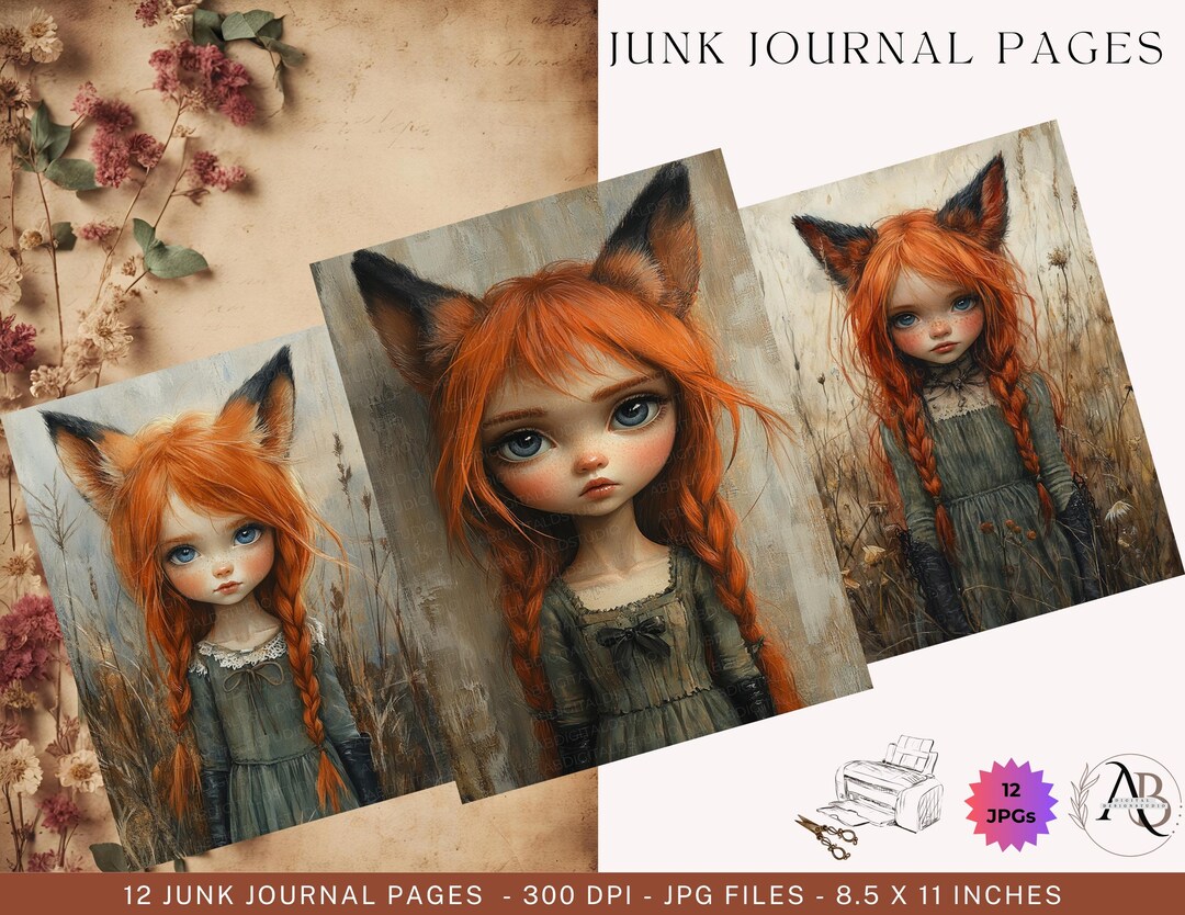 Whimsical Girls 12JPG Pages, Foxes Junk Journal Kit, Fox Girl, Autumn ...