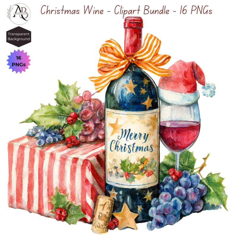 Watercolor Christmas Wine Clipart: 16 PNG Bottle Designs (digital ...