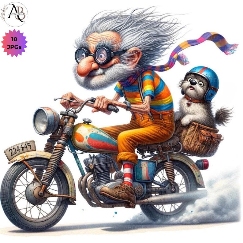 Funny Old Man on Motorcycle Clipart: Quirky Biker Art (digital Download ...