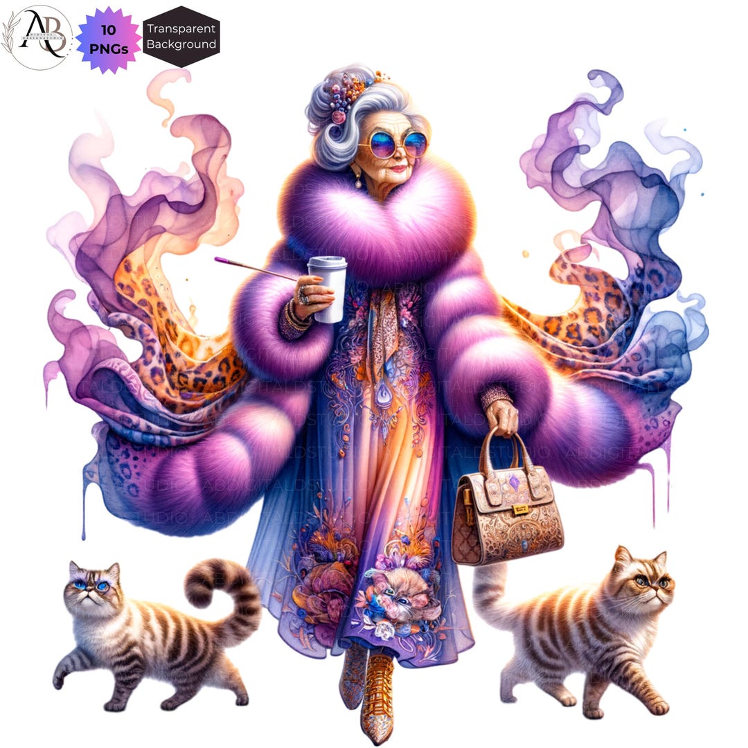 Quirky Grandma Cats Clipart Bundle: Fashionable Old Lady PNG (digital ...