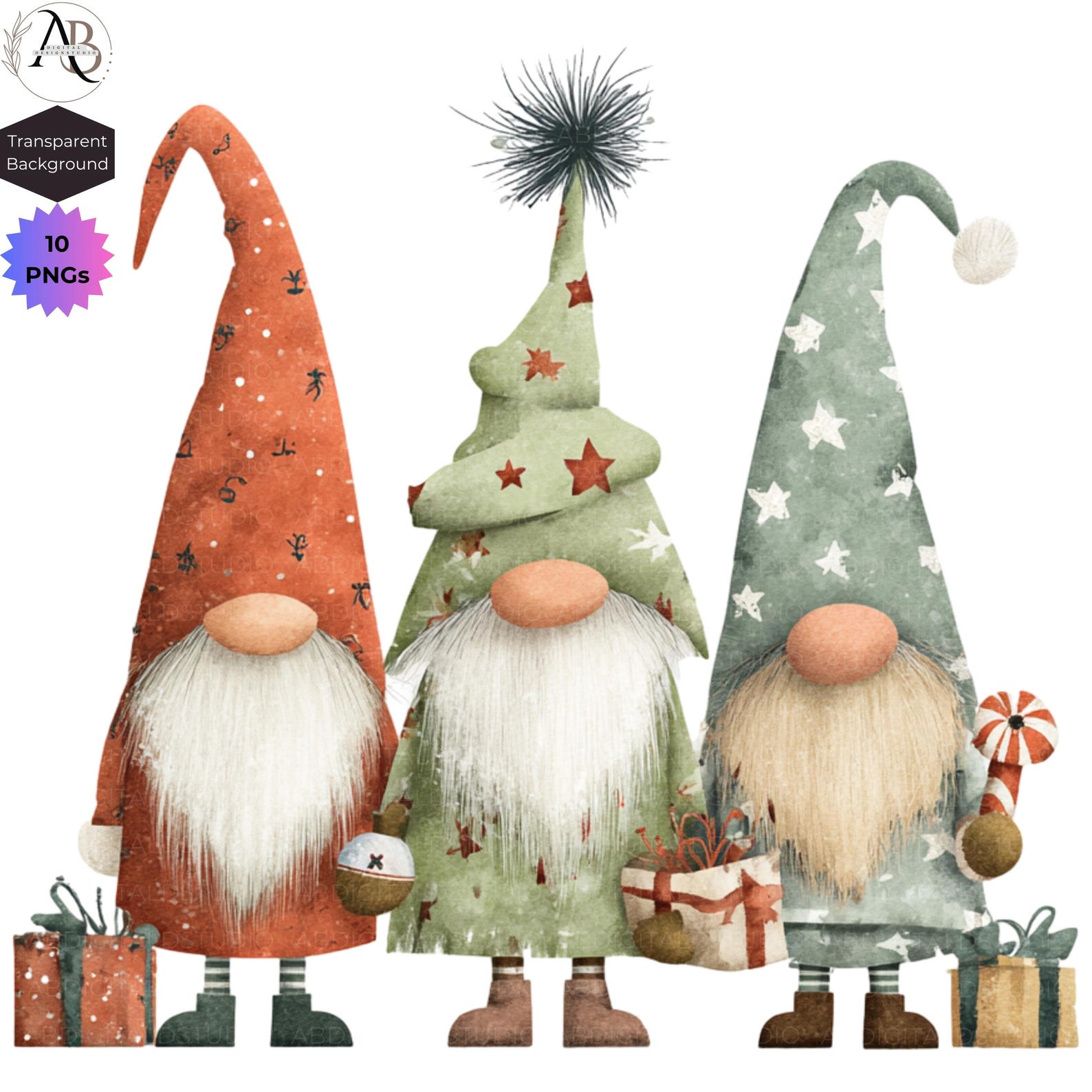 Watercolor Christmas Gnome Clipart: Holiday PNG Images (10 Digital ...