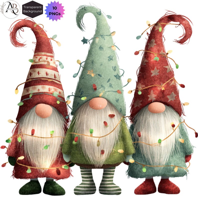 Watercolor Christmas Gnome Clipart: Holiday PNG Images (10 Digital ...