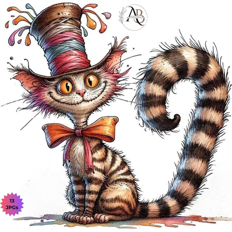 Whimsical Watercolor Cats Clipart: Funny Cartoon Cat Kitten, 13JPG ...