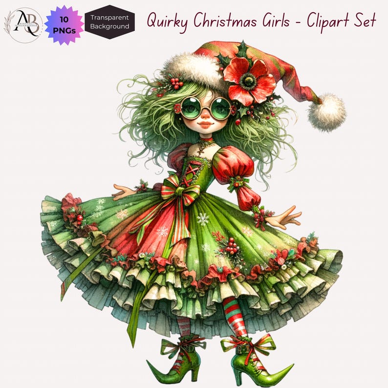 Quirky Christmas Girl Clip Art: 10 Pngs for Cardmaking, Scrapbooking ...