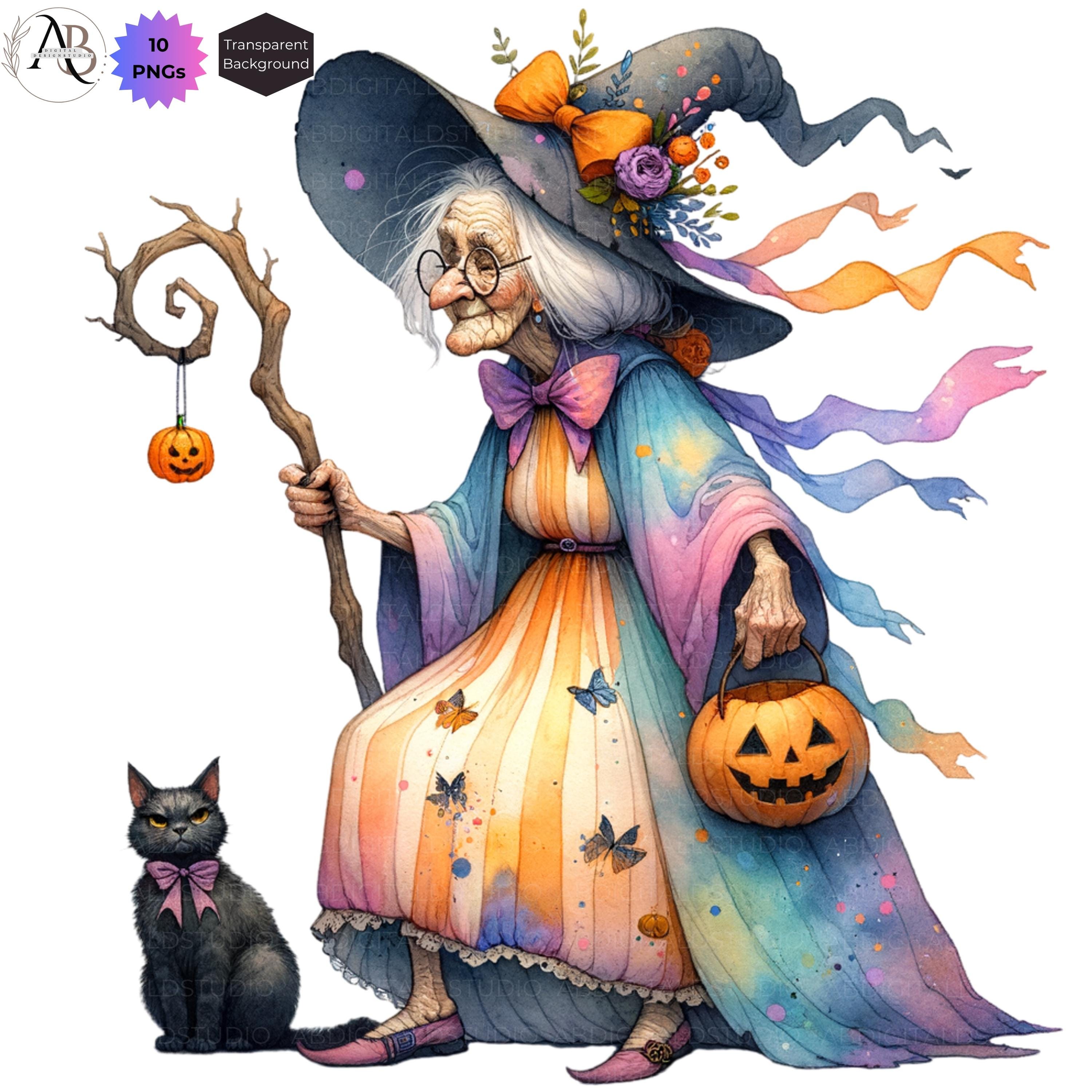 Whimsical Halloween Witch Clipart: PNG Witch, Pumpkin, Crow (digital ...