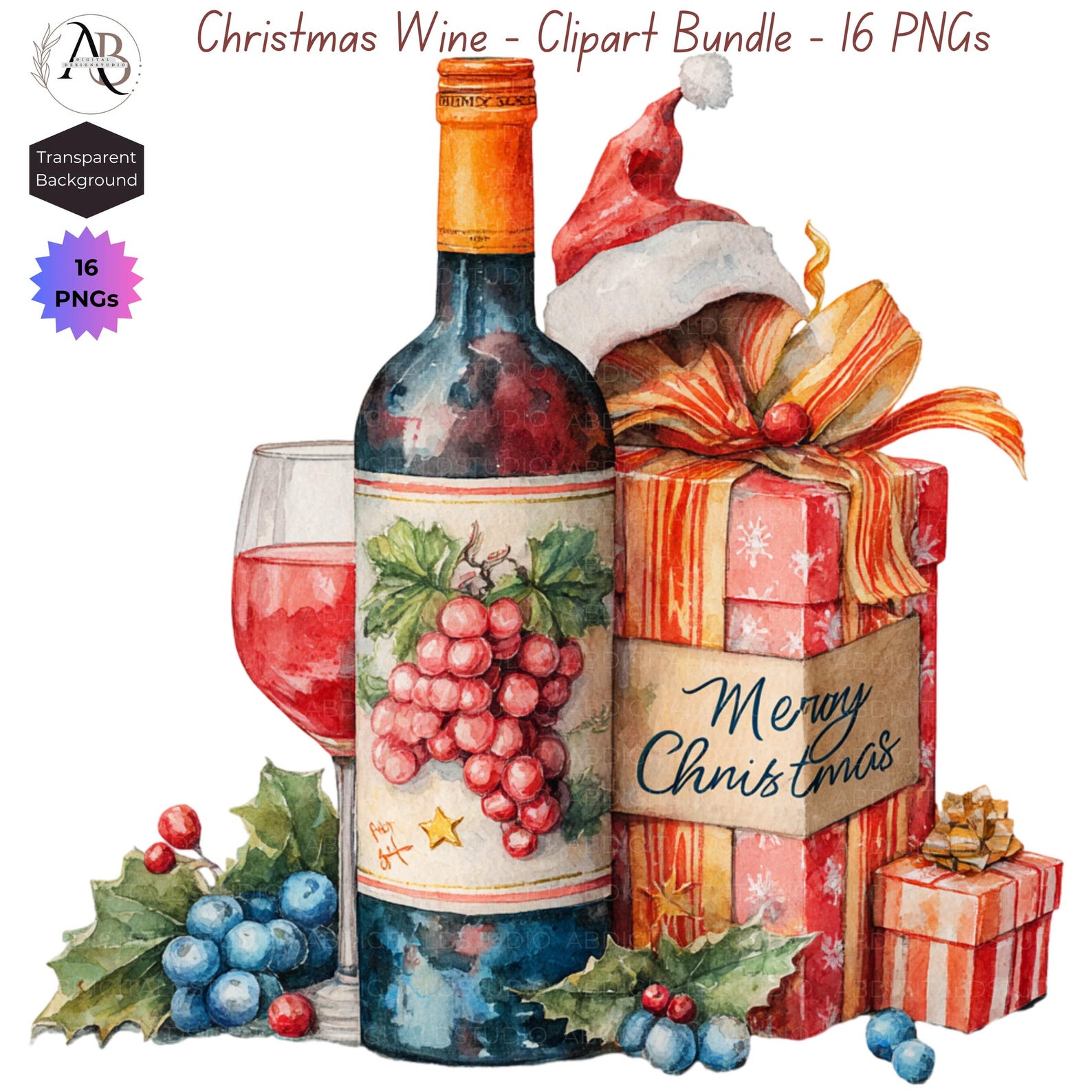 Watercolor Christmas Wine Clipart: 16 PNG Bottle Designs (digital ...