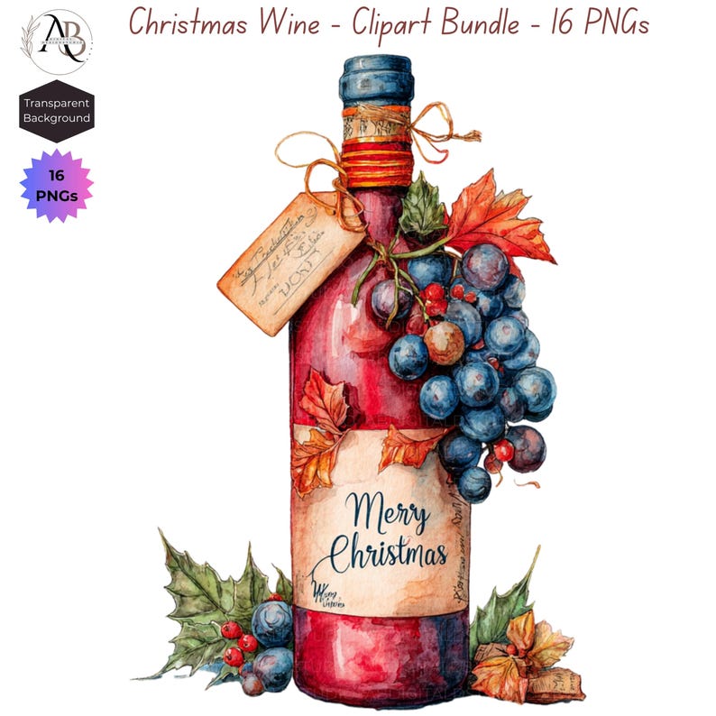 Watercolor Christmas Wine Clipart: 16 PNG Bottle Designs (digital ...