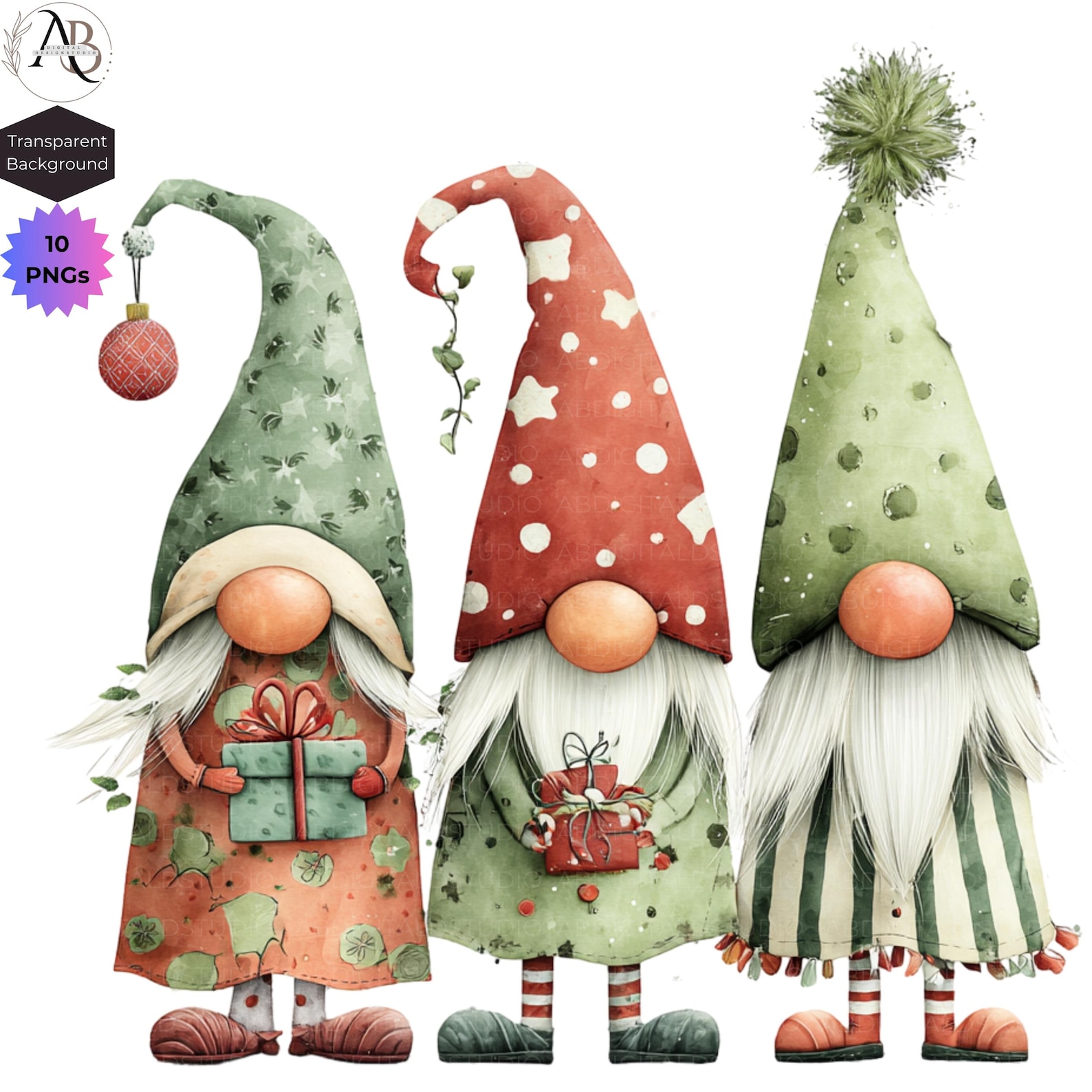 Watercolor Christmas Gnome Clipart: Holiday PNG Images (10 Digital ...