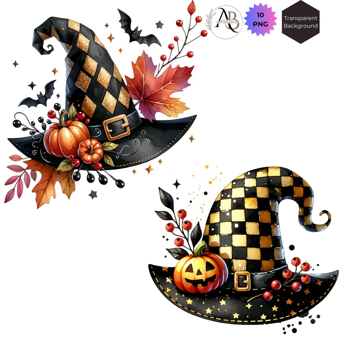 Halloween Witch Hat Clipart: 10 PNG for Scrapbooking, Hallowing Cards ...
