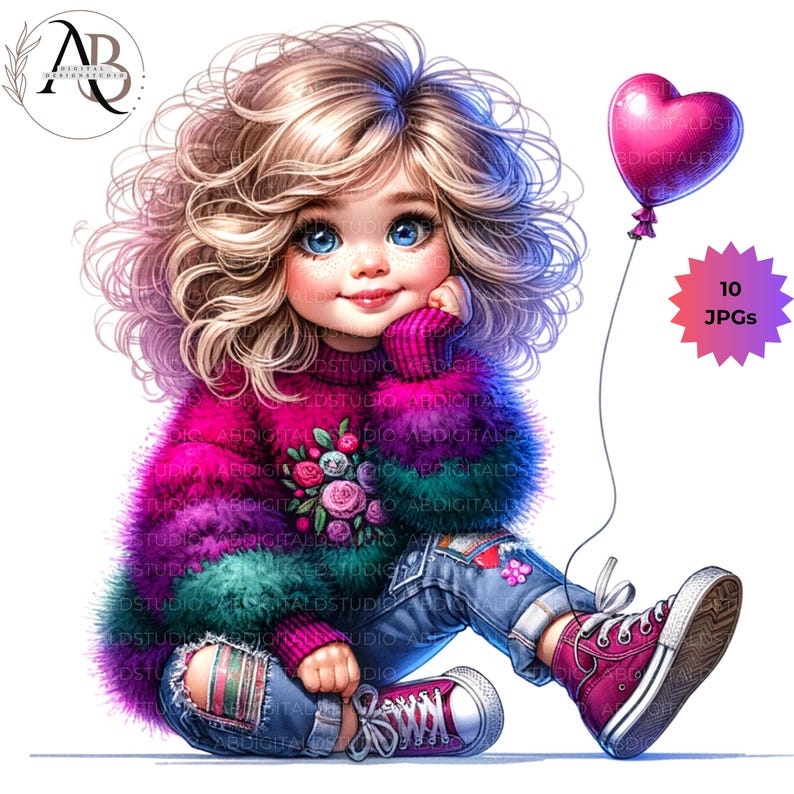 Valentines Day Quirky Girl Clipart 10 JPG Bundle Cute Little Valentine ...
