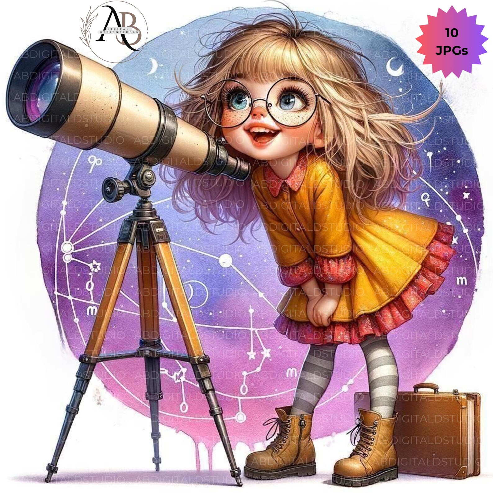 Stargazer Celestial Astronomy Mystical Clipart Whimsical Girl Star ...