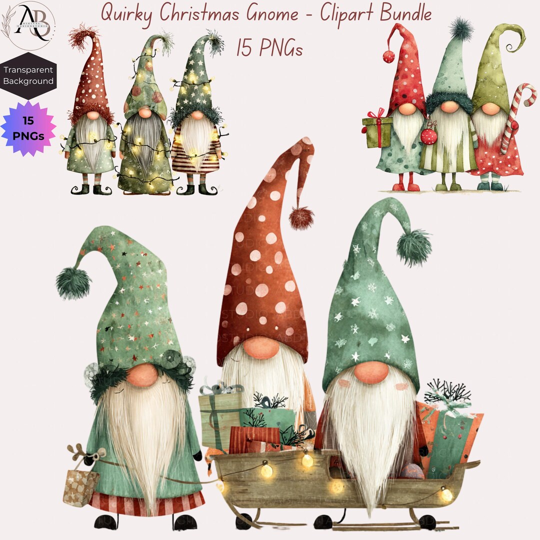 Christmas Gnome Clipart: Holiday Watercolor PNG Images (15 Digital ...