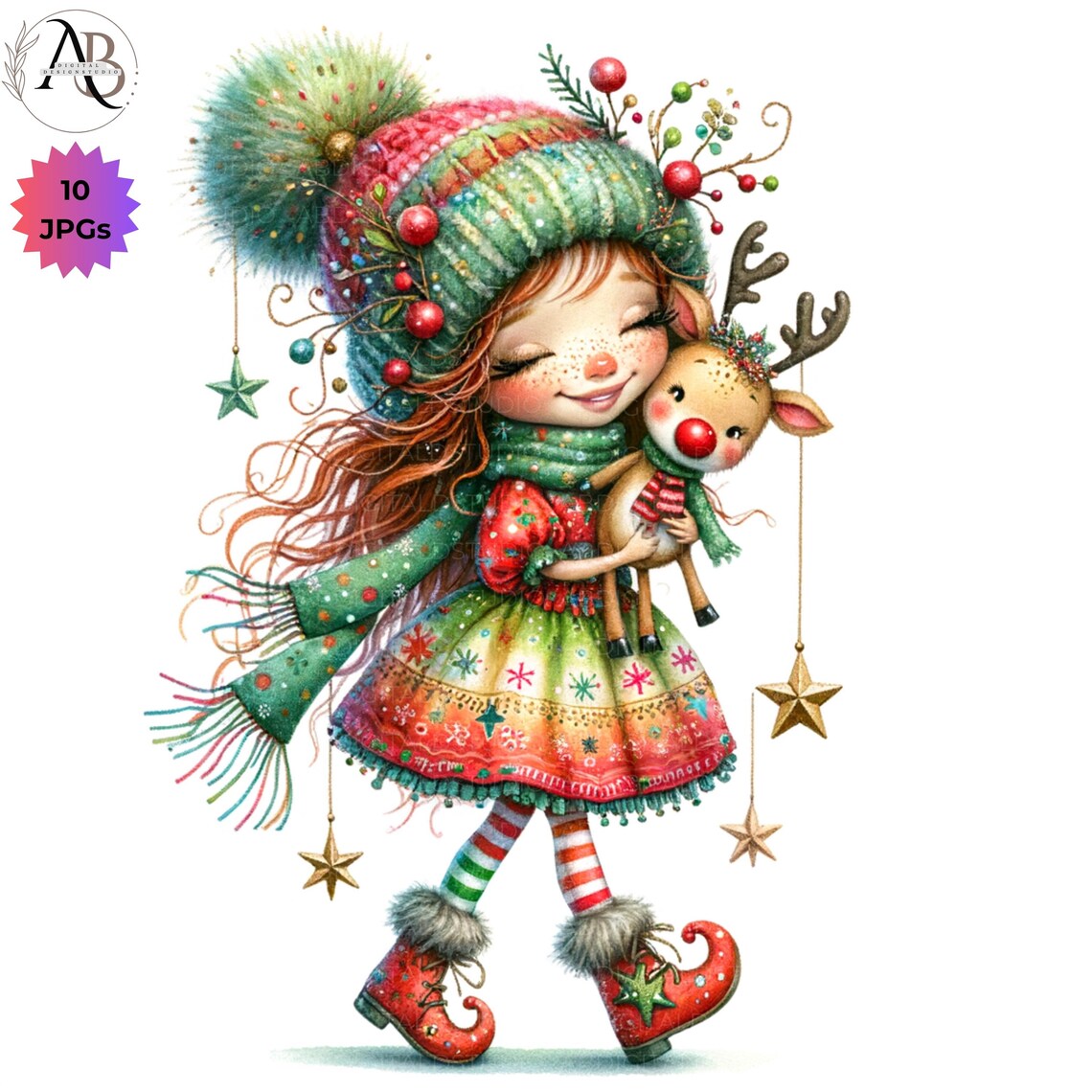 Whimsical Christmas Reindeer Clipart: Festive Watercolor Designs ...